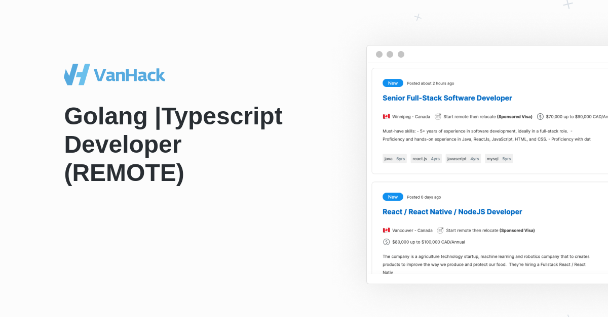 Golang |Typescript Developer (REMOTE) - VanHack